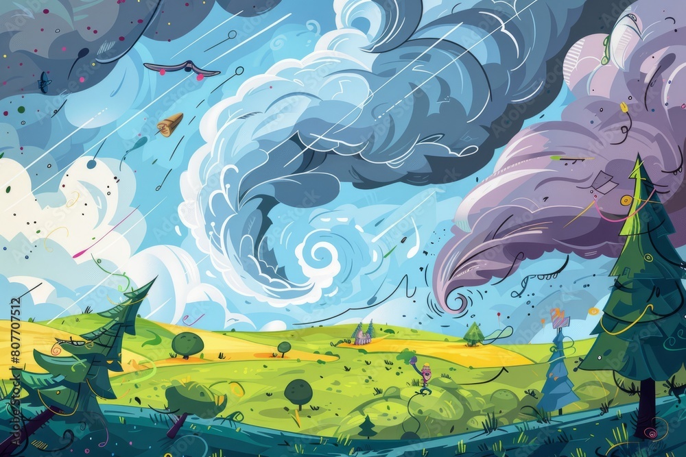 Cartoon cute doodles of swirling tornadoes twisting through the air ...