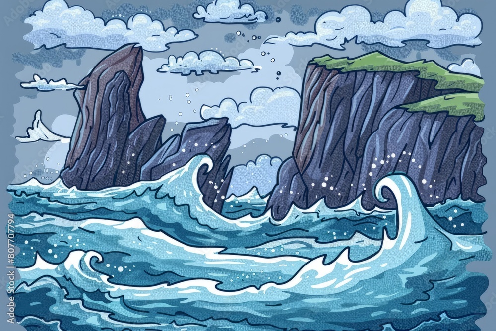 Cartoon cute doodles of towering cliffs being shaped by the relentless ...