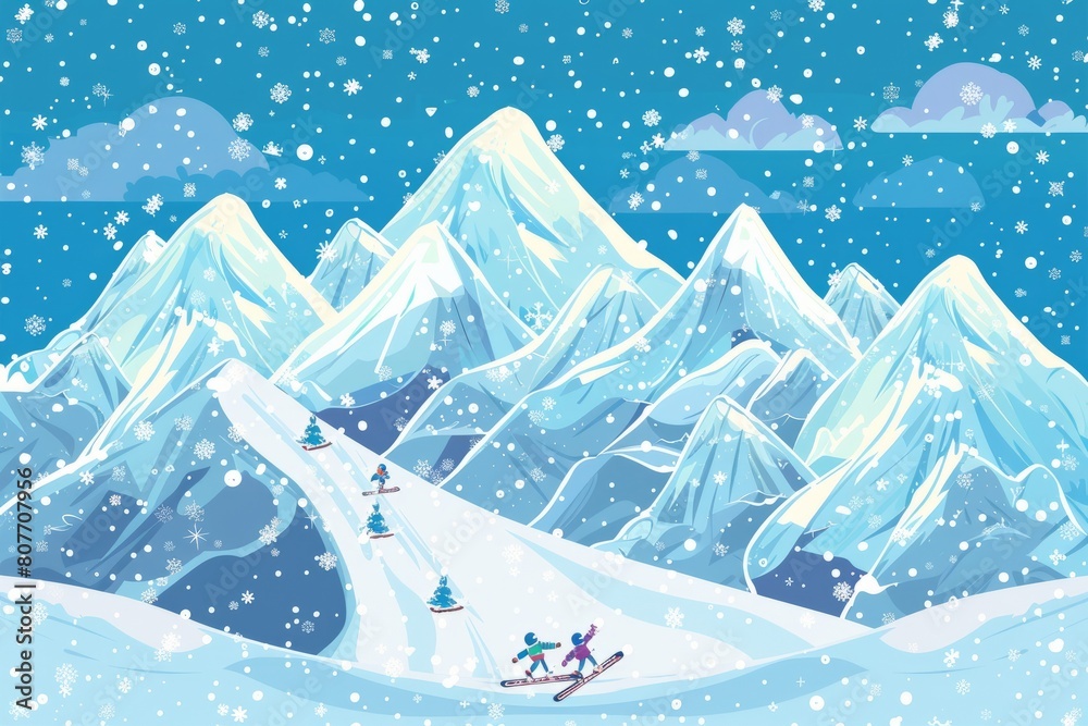 Cartoon cute doodles of towering mountains capped with glistening snow ...