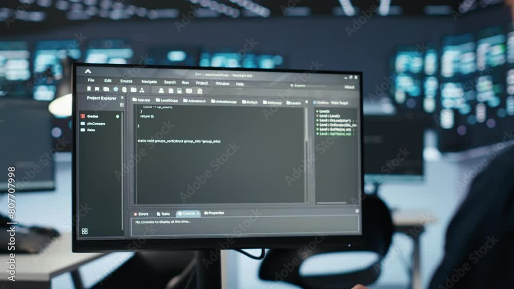 System administrator running script on computer screen in high tech data center, ensuring ...