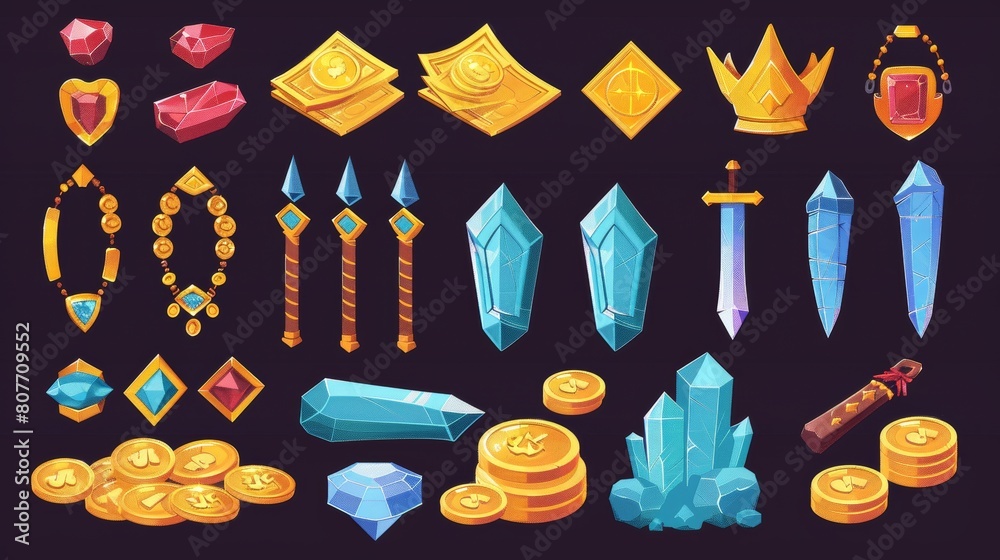 Modern cartoon set of game gui elements with golden money, crown, sword ...