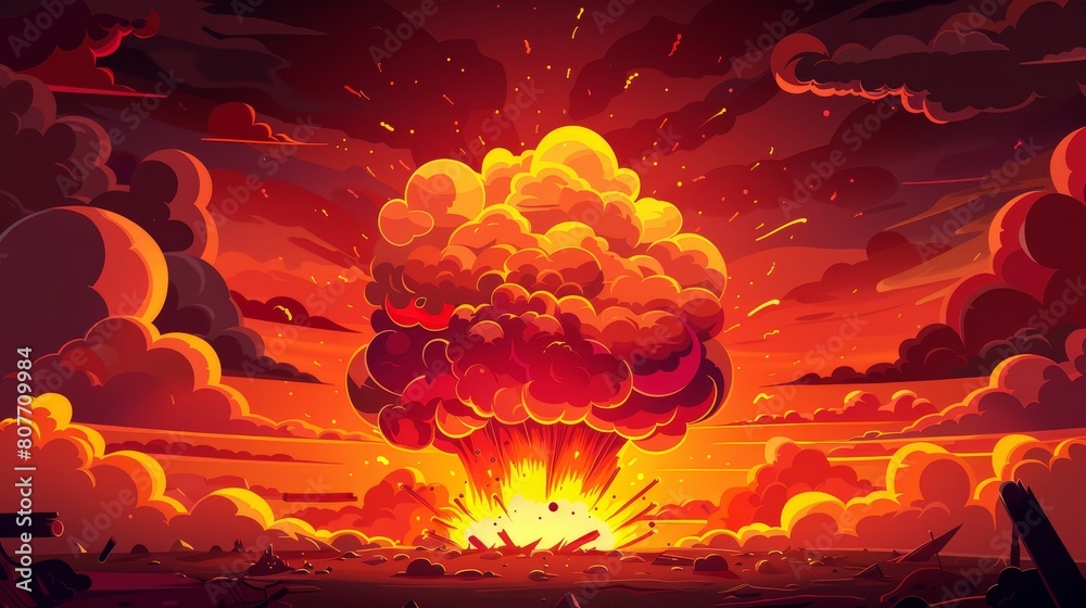 An explosion of fire engulfs destroyed burnt land with cartoon red ...