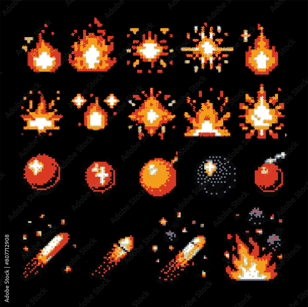Pixel art 8-bit fire flame explosions. Vector set with cartoon flashes ...
