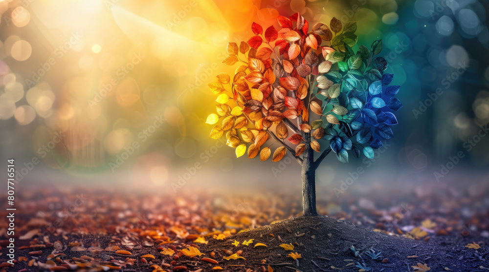 Metaphorical minimalist tree with diverse leaves of different shapes ...