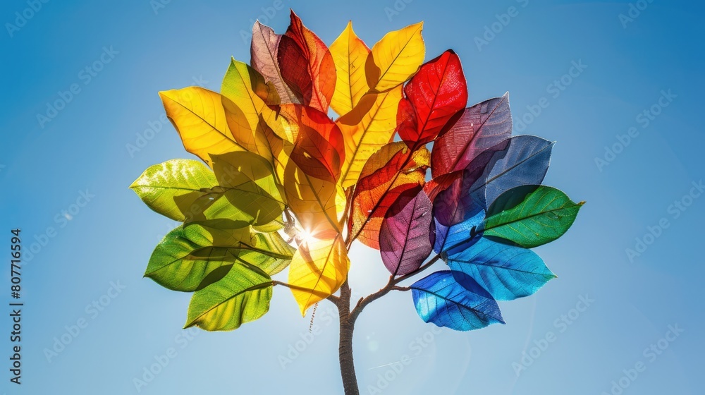 Metaphorical minimalist tree with diverse leaves of different shapes ...
