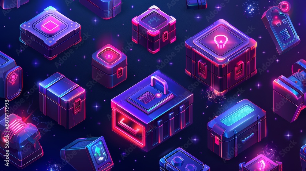 A futuristic box from a game, full of futuristic technology. Icons from ...