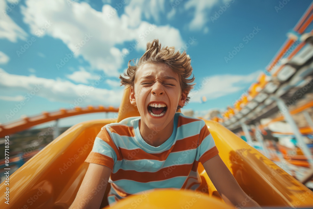 Young boy screaming with excitement on roller coaster ride at amusement ...