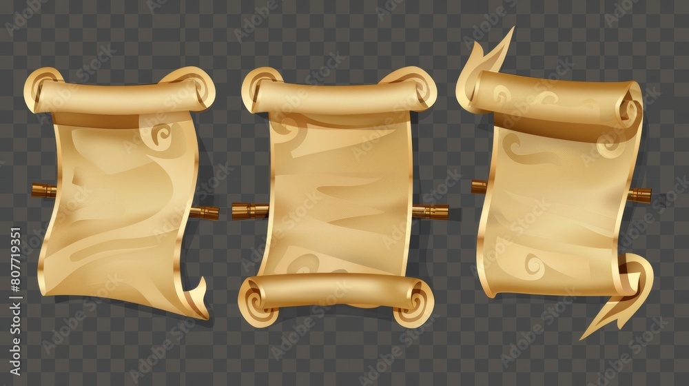 This gold scroll paper set is isolated on a transparent background with ...
