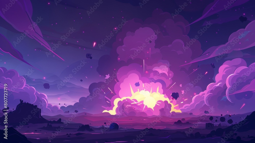 A cartoon purple fire explosion game modern design. An illustration ...