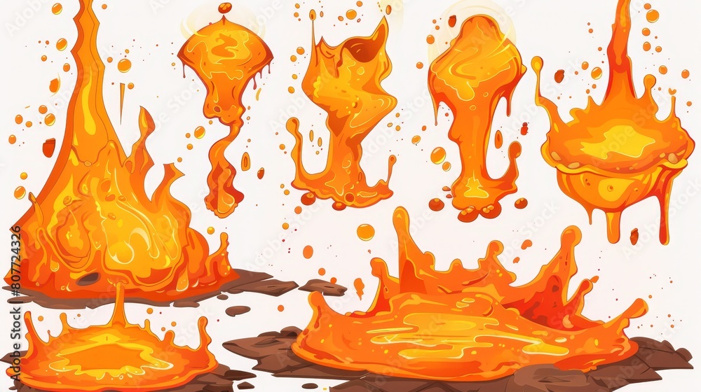 Cartoon set of 2D magic liquid volcano lava puddles. Isolated orange ...