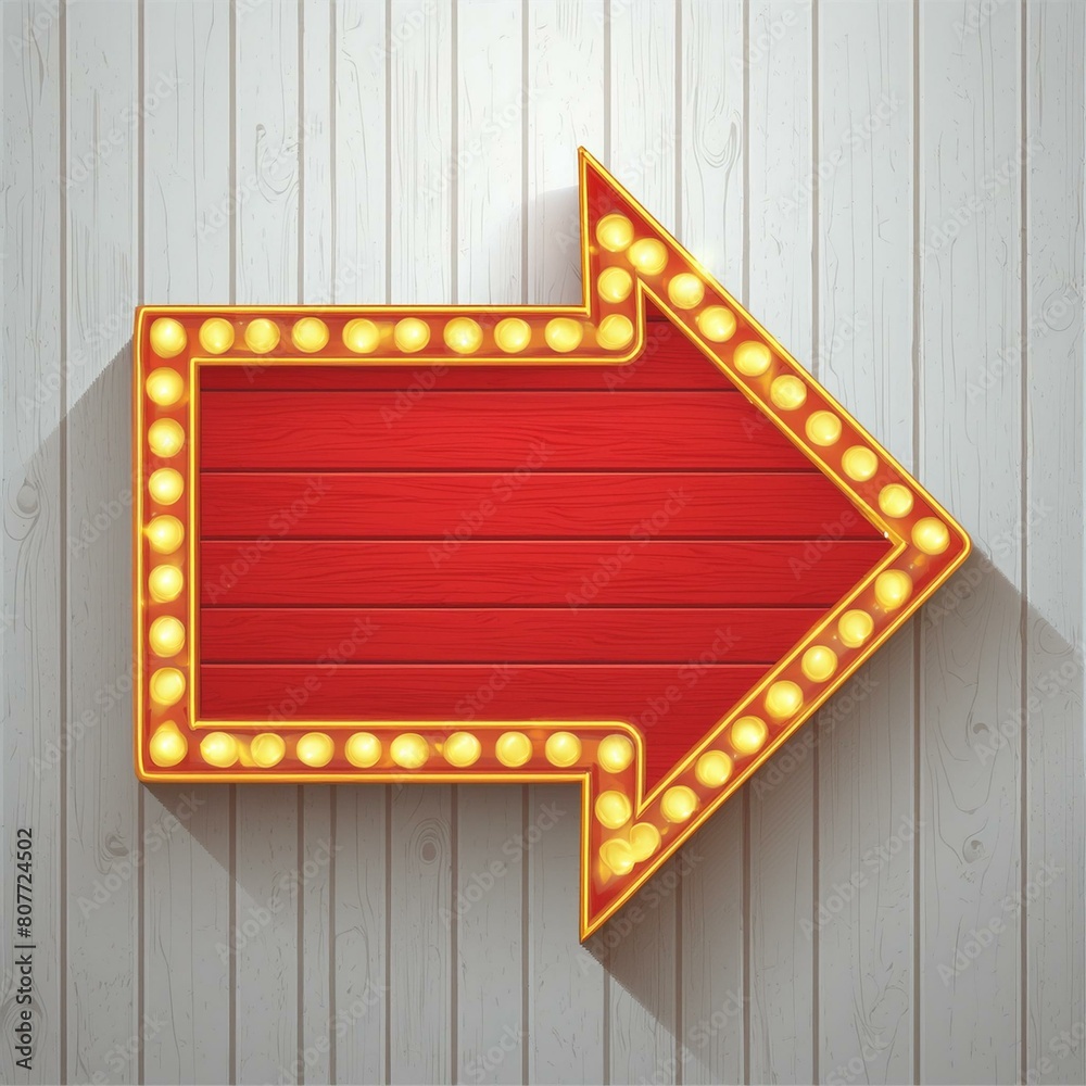 Blank red arrow sign board with retro yellow neon light bulbs isolated ...
