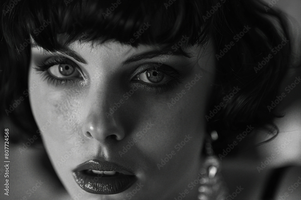 Portrait of beautiful young femme fatale woman in cinematic film black ...