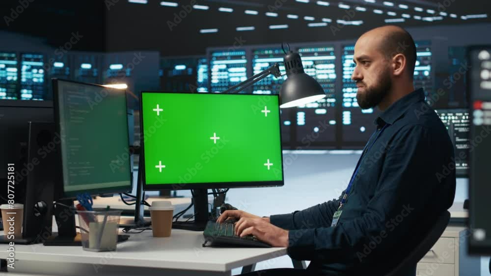 Man typing code on green screen computer in high tech data center with server rows providing ...