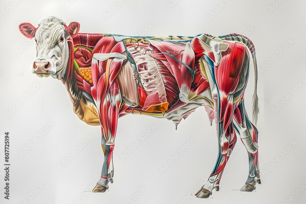 Detailed Anatomical Sketch of a Well Bred Beef Cow Highlighting Vibrant ...