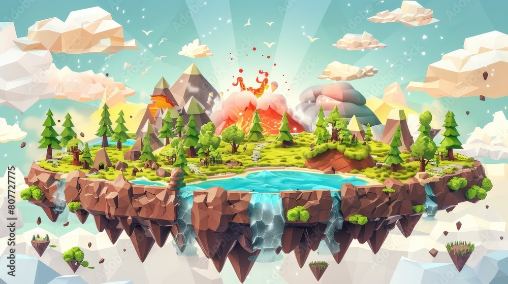 Floating islands with lakes and waterfalls, green forest with fir trees ...