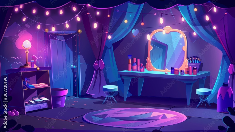 Cartoon modern depicting a backstage theater room with makeup table and ...