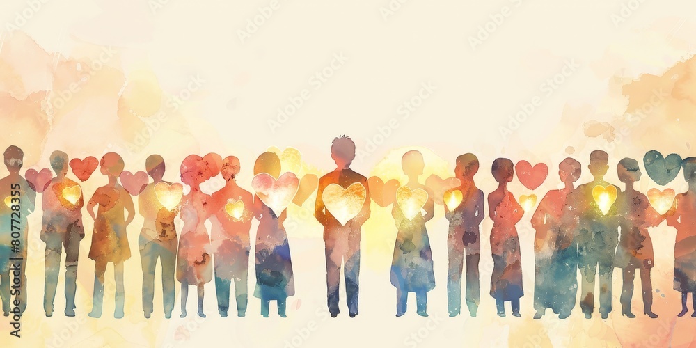 A group of people holding up hearts in a painting. The painting has a ...