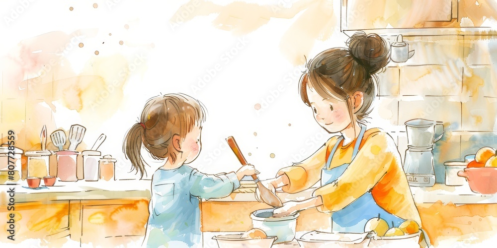 A woman and a child are in a kitchen, with the woman teaching the child ...