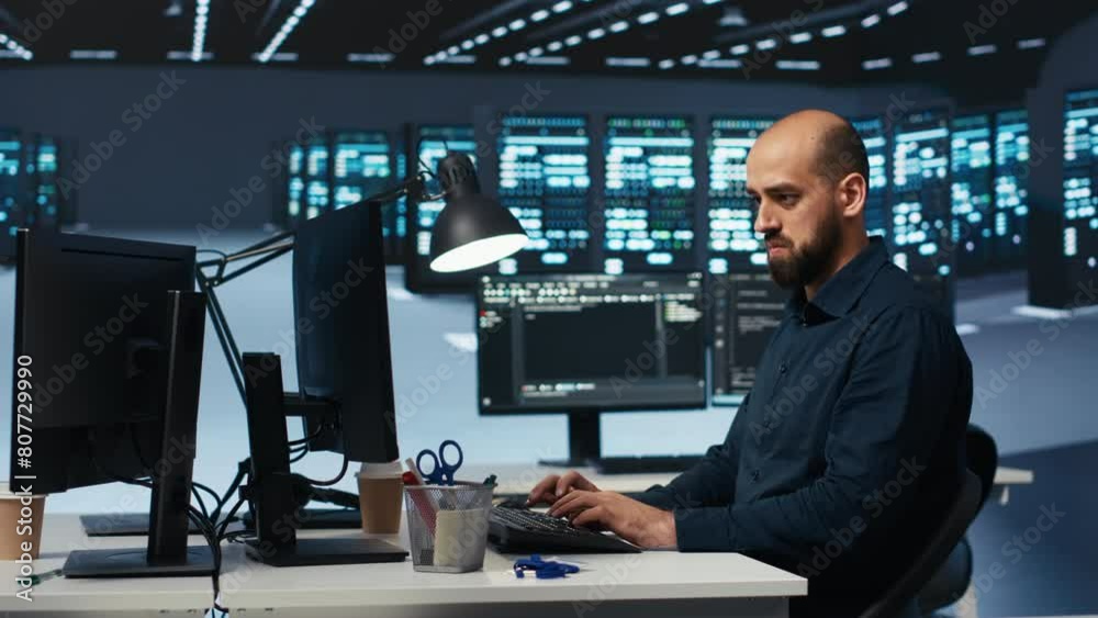 Man Programming In High Tech Facility With Server Rows Providing Computing Resources For