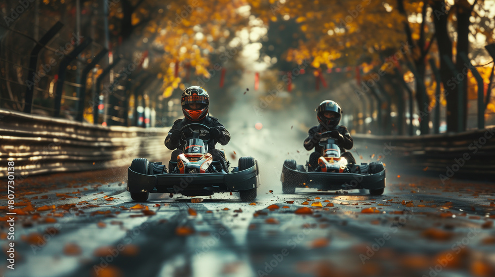 Race car driver Go Kart on a track at full speed with helmet and driver ...