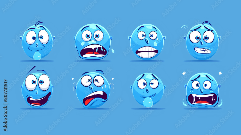 Collection of eight cartoon faces expressing various emotions on a blue ...
