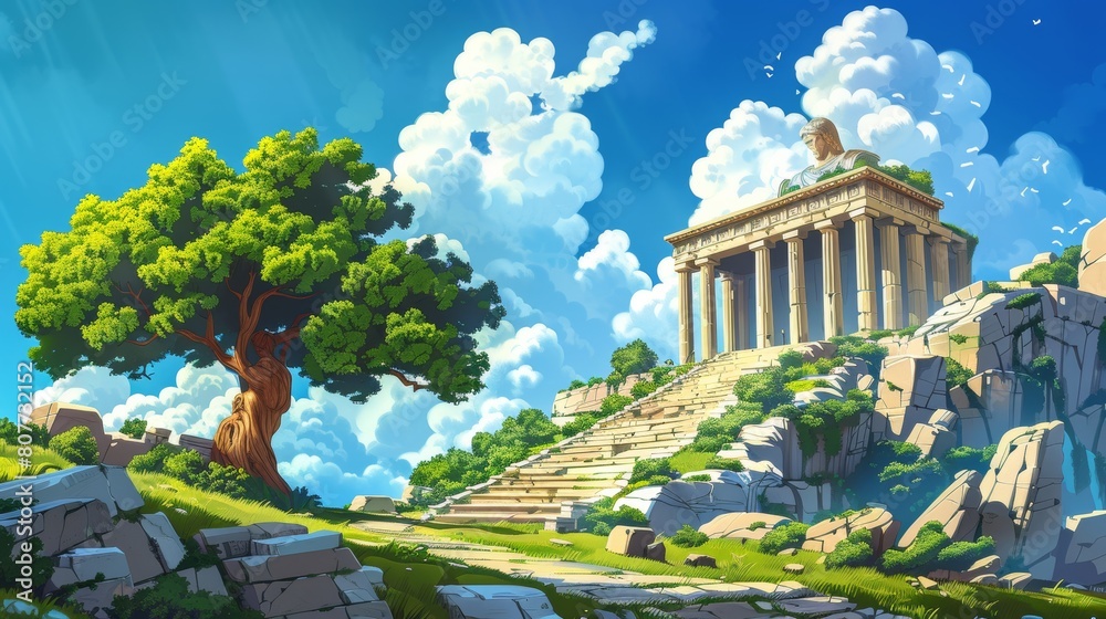 Ancient Greek pantheon with columns, stairways, grass, and trees. Roman ...