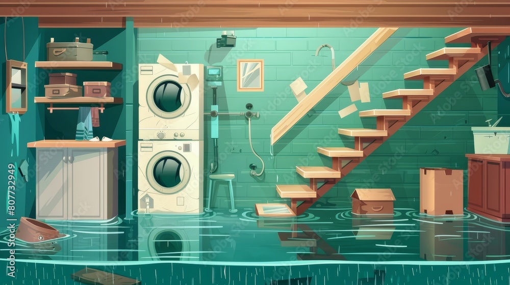 There is flooding on the basement floor of the house with the laundry ...