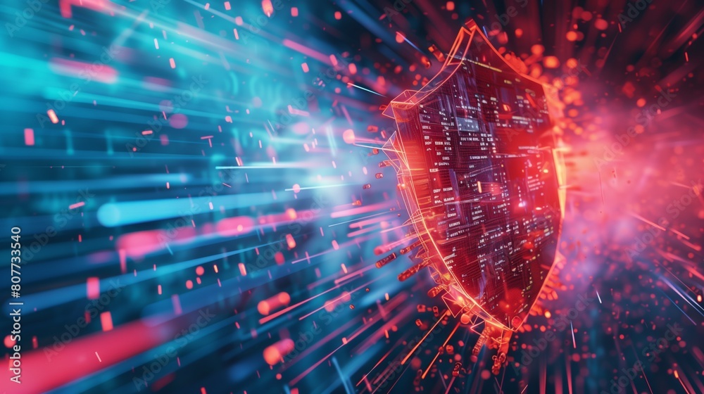 Dynamic digital illustration of a glowing red and blue shield with ...