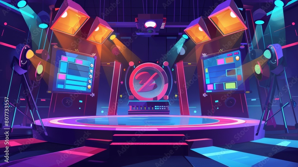 The stage of a trivia show, with contestants and presenters on ...