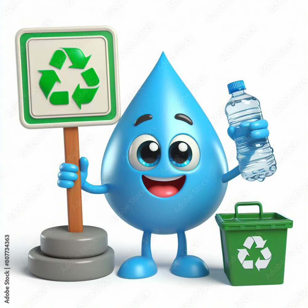 Water drop cartoon with the recycling symbol. Draws attention to ...