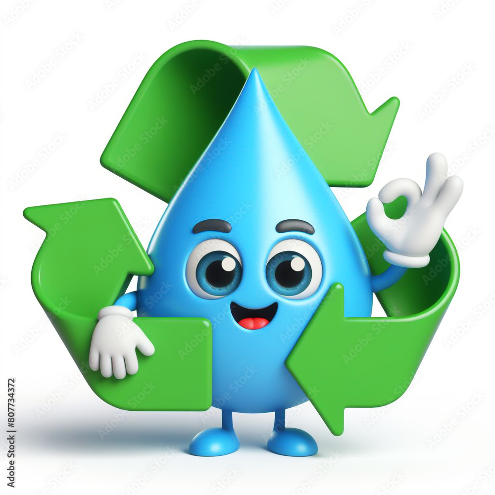 Water drop cartoon with the recycling symbol. Draws attention to ...