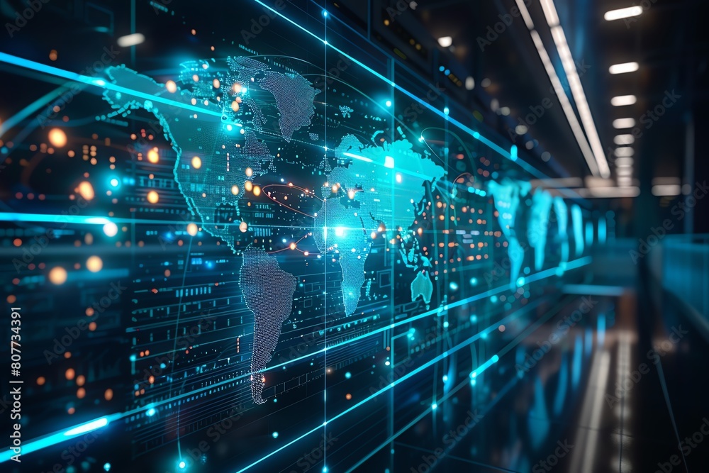 Virtual connectivity map glowing in a hightech room, symbolizing global ...