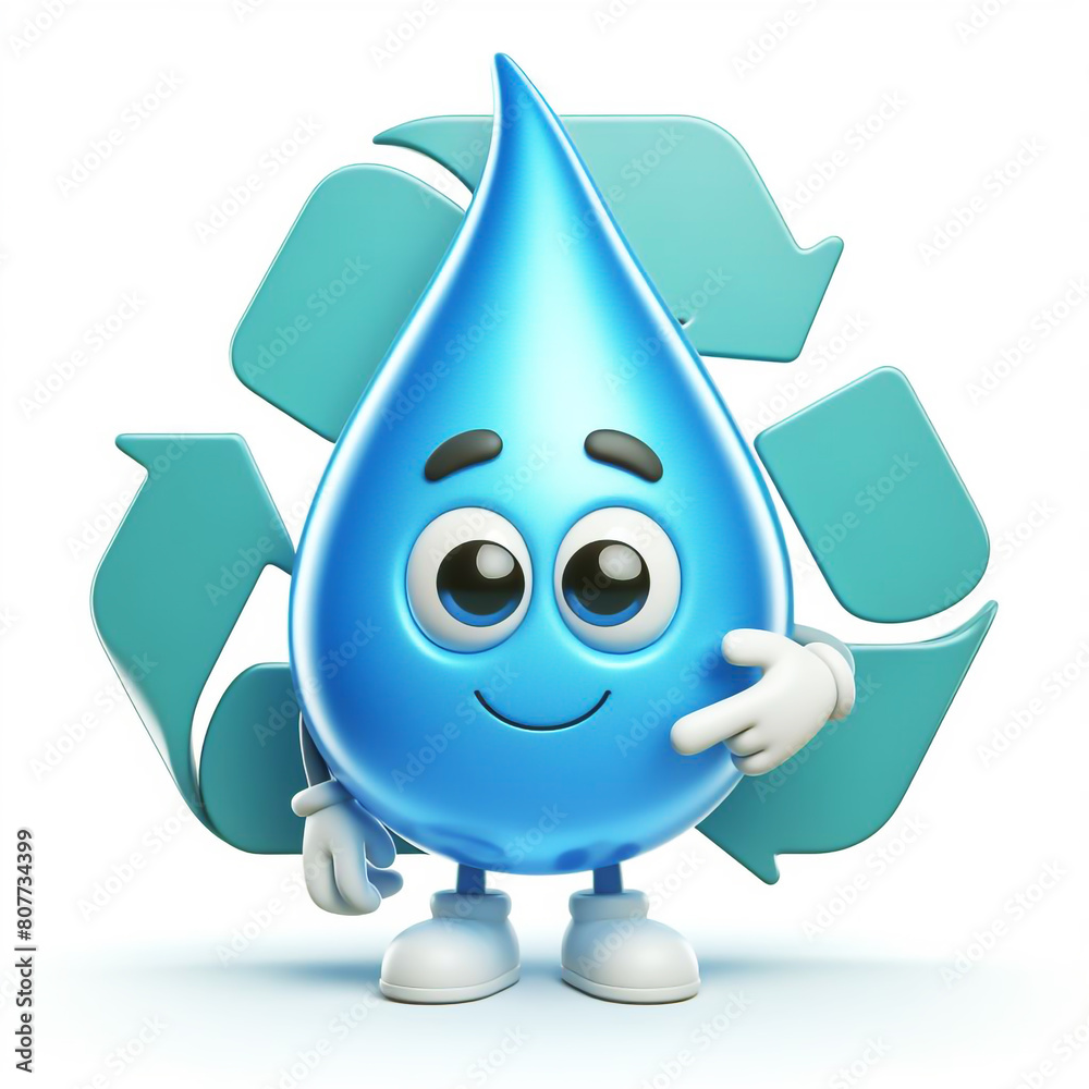 Water drop cartoon with the recycling symbol. Draws attention to ...