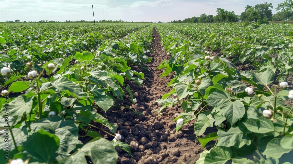 Cotton farm during harvest season. Field of cotton plants with white ...