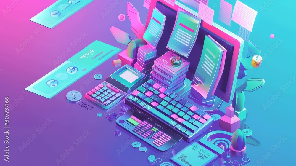 Large payment bill coming out of computer screen. Smart technology for ...