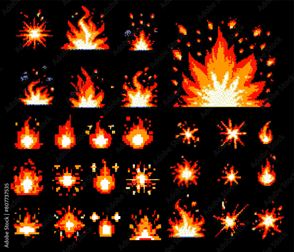 Pixel art 8-bit fire flame explosions. Vector set with cartoon flashes ...