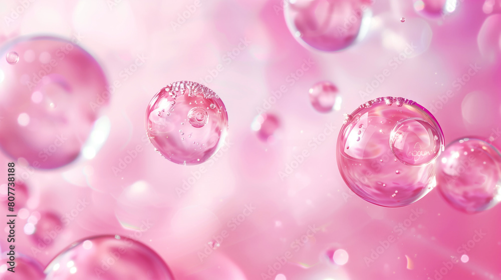 Floating translucent bubbles with reflections in a shimmering pink ...