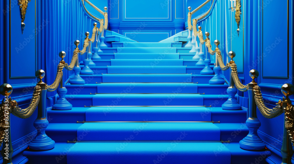 Luxurious blue staircase with golden railings and ornate wall panels in ...