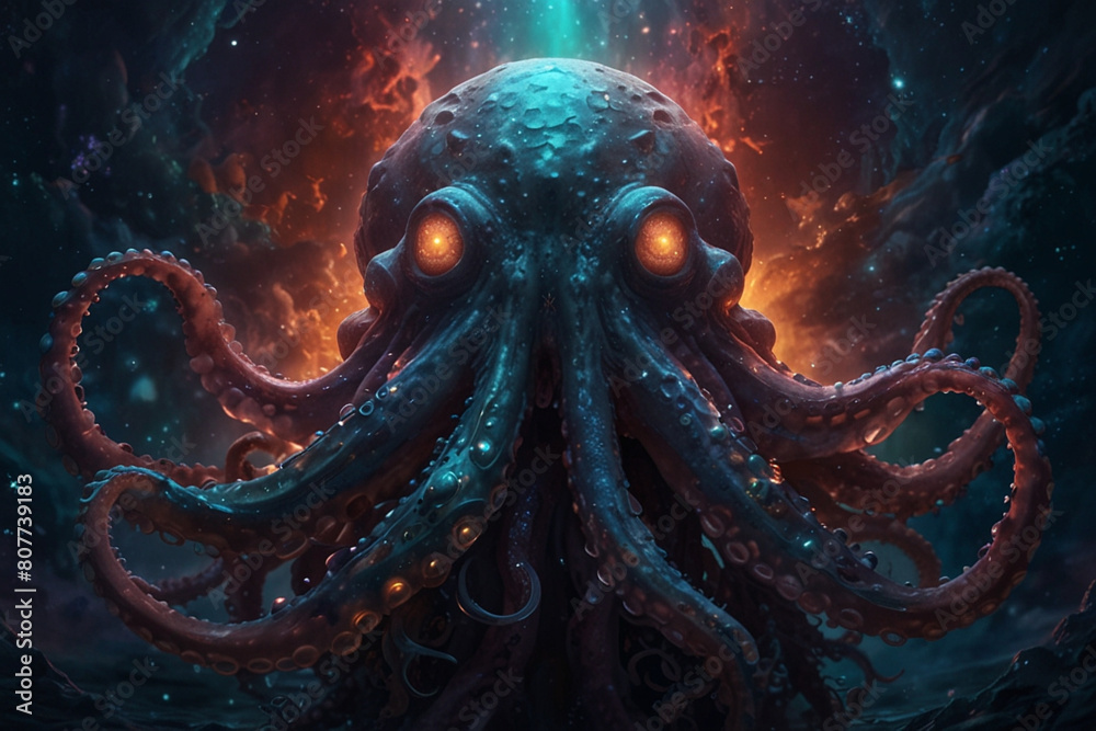 In the depths of a cosmic ocean, a mesmerizing ethereal giant monster ...