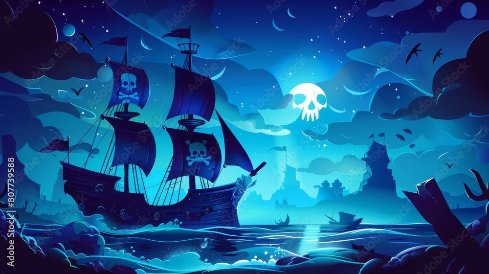 Ghost ship banner with seascape and ghostly sailboat at night. Modern ...