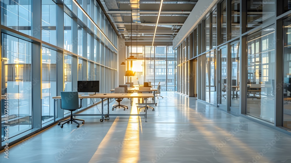 Modern office space with large windows, desks and chairs arranged in an ...