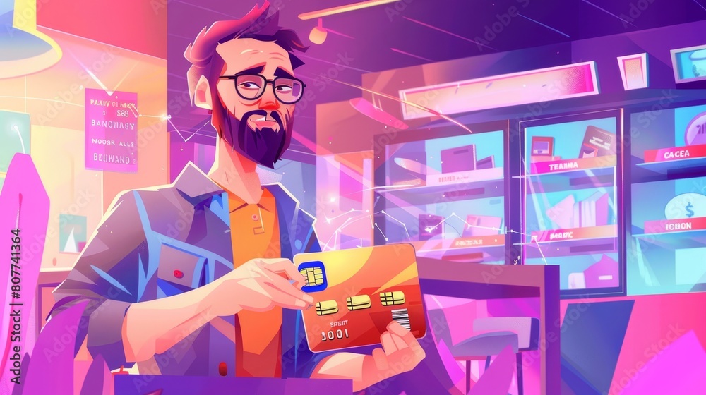 Credit card cartoon landing page with a male banker holding a huge card ...