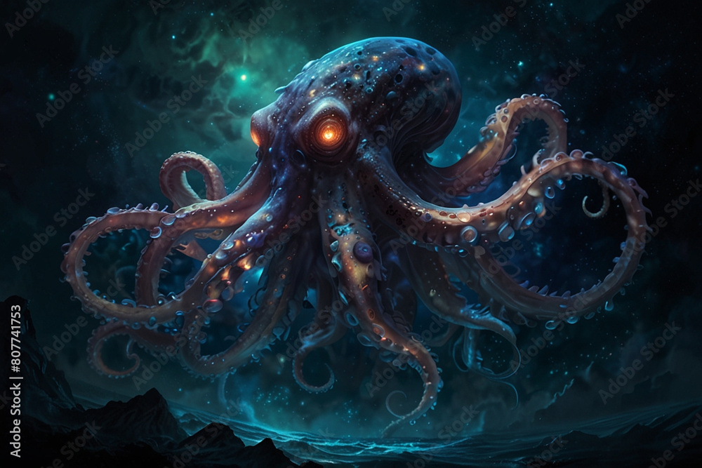 In the depths of a cosmic ocean, a mesmerizing ethereal giant monster ...