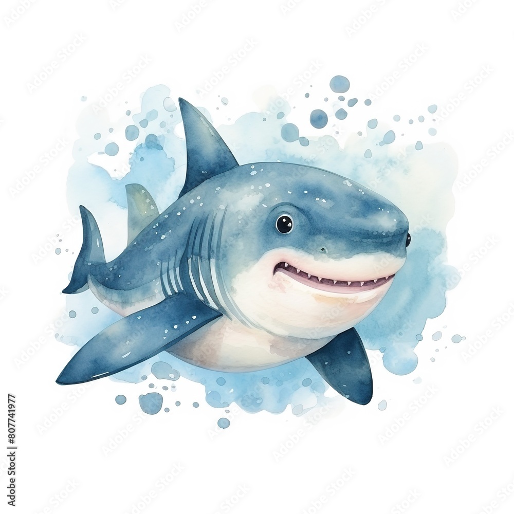 watercolor illustration of cute cartoon shark with splashes on white ...