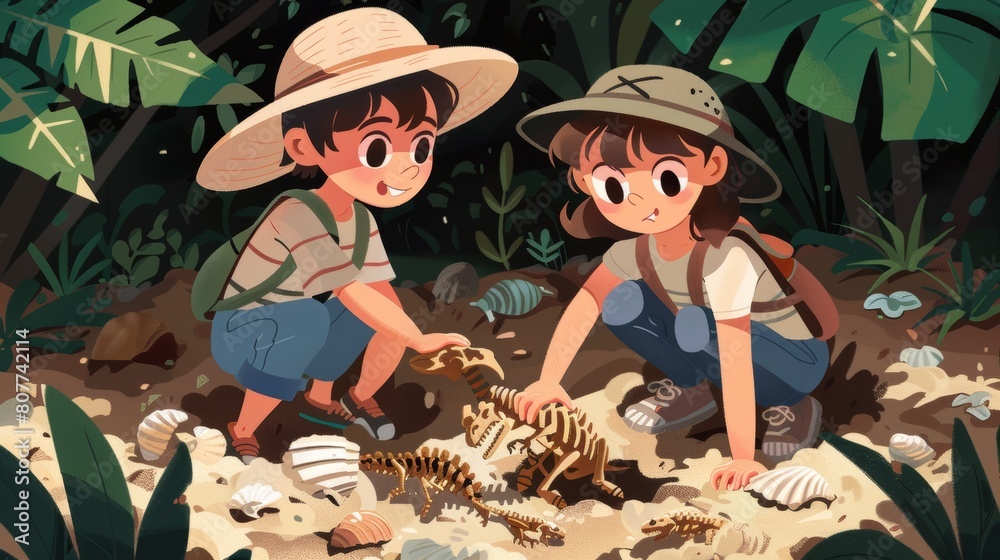 A boy and girl are digging for fossil dinosaurs. The children are ...