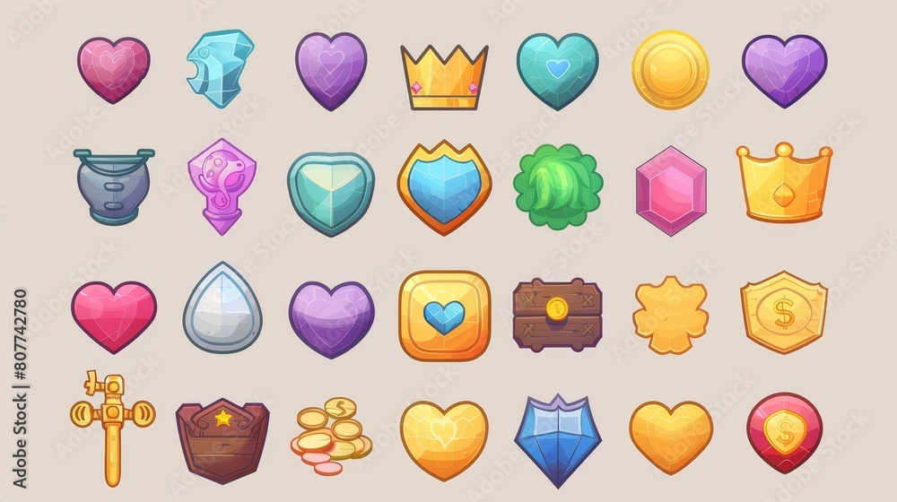 Icons for mobile game gui, flag, wooden shield, money and heart with ...