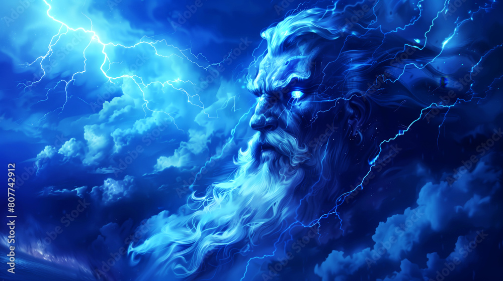 An artistic depiction of a mythical face formed by clouds and lightning ...