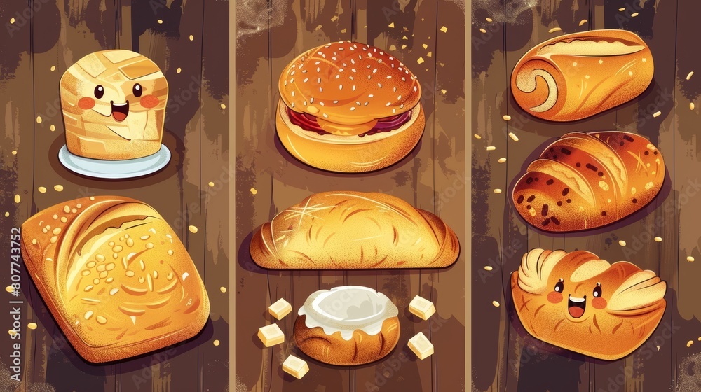 Cartoon illustration of fried pies, bread, and buns on a table with ...
