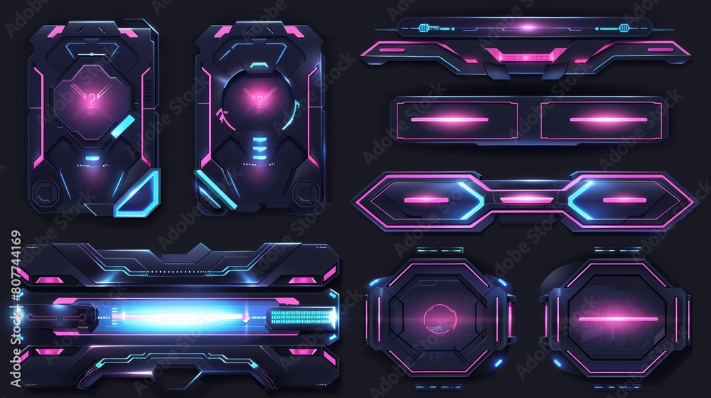 Modern cartoon set of sci fi style gui elements, empty frames with blue ...