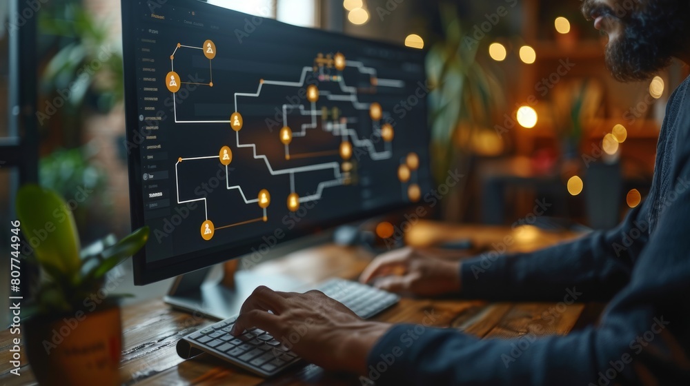 In the background, a businessman analyzes a computer flowchart for ...